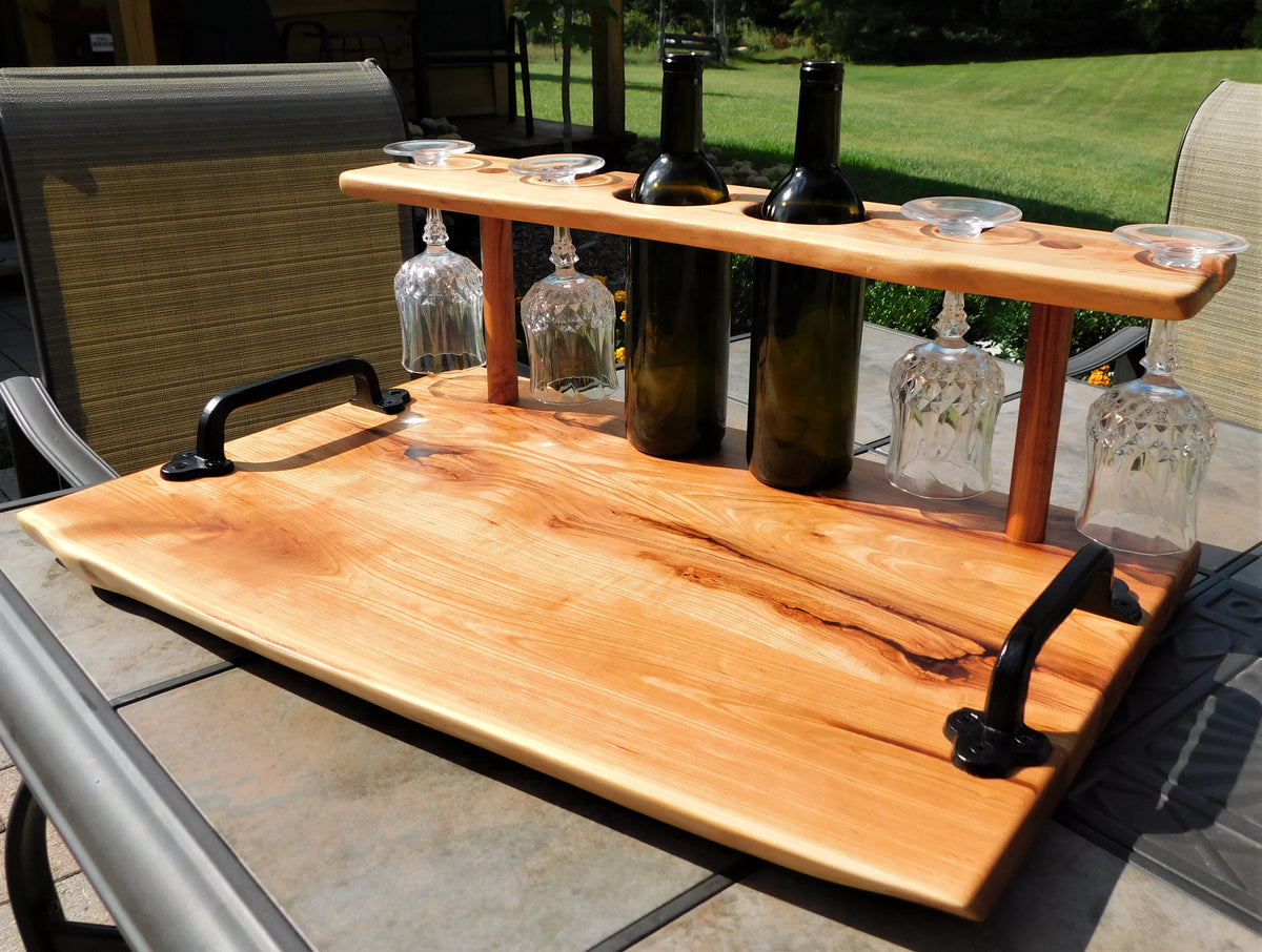 Double-Bottle Cherry Wood Wine Charcuterie Board with Wine Glasses ...